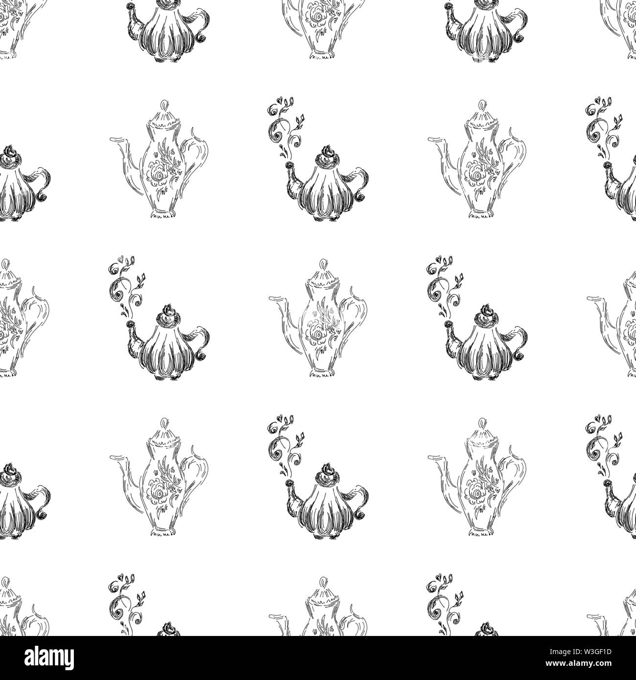 Seamless retro hand drawn teapots, great design for any purposes ...