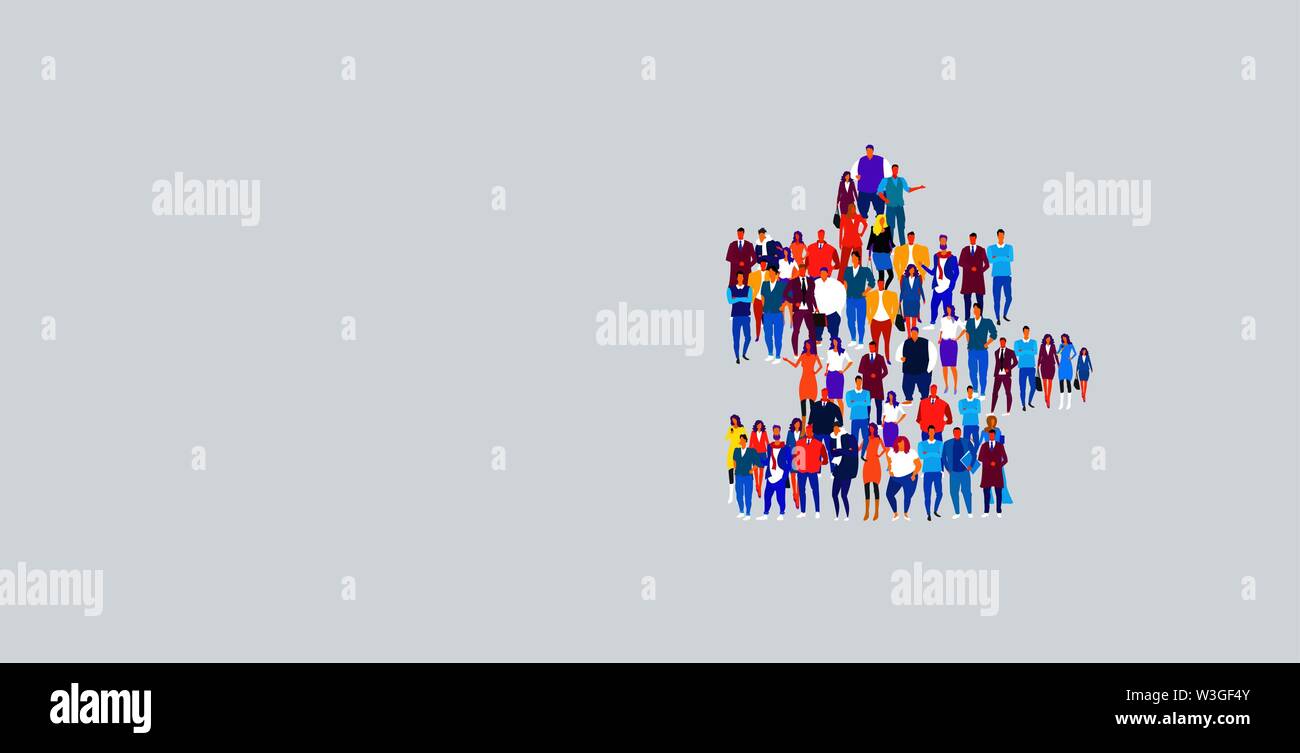 businesspeople crowd gathering in shape of puzzle piece icon social ...