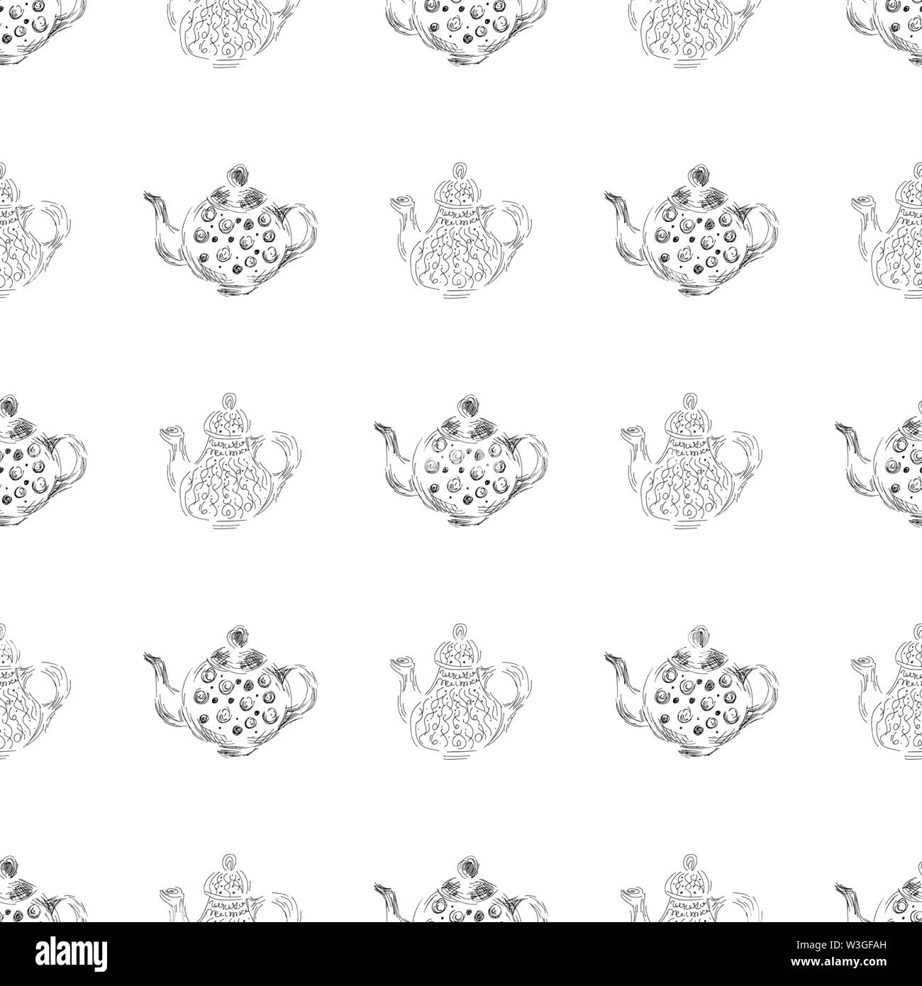 Seamless retro hand drawn teapots, great design for any purposes ...