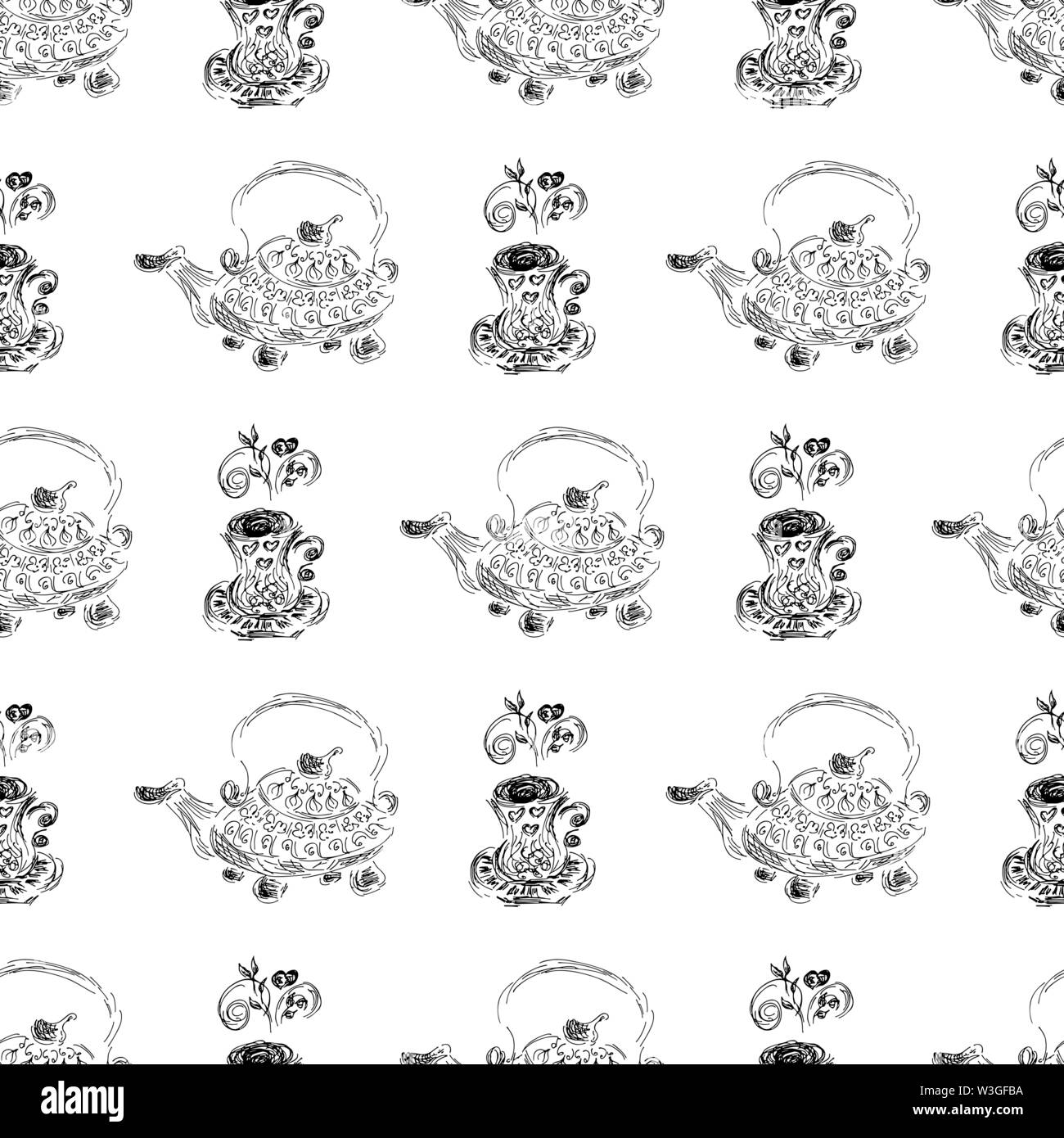 Seamless pattern of teapots and teacups isolated on white background ...