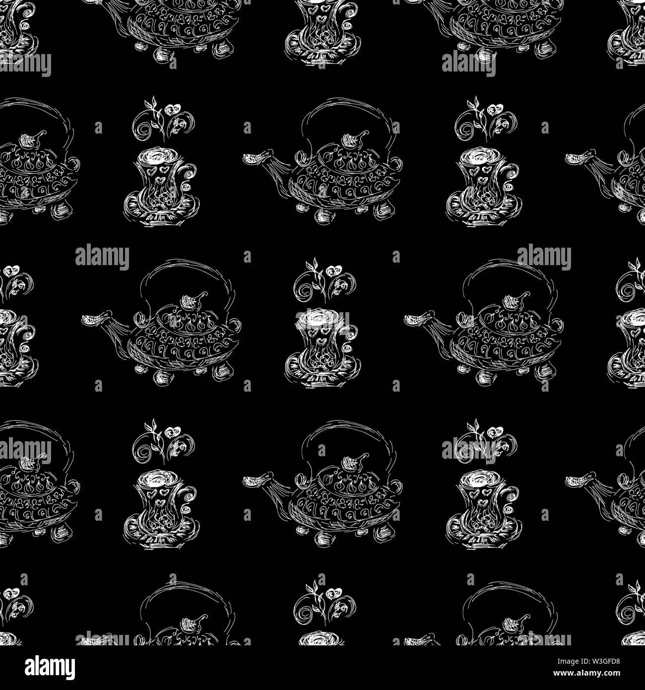Seamless pattern of teapots and teacups isolated on black background ...