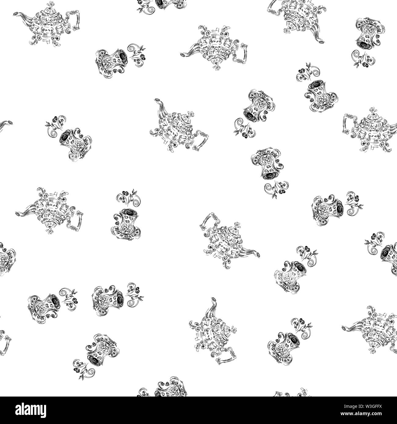 Seamless pattern of teapots and teacups isolated on white background ...