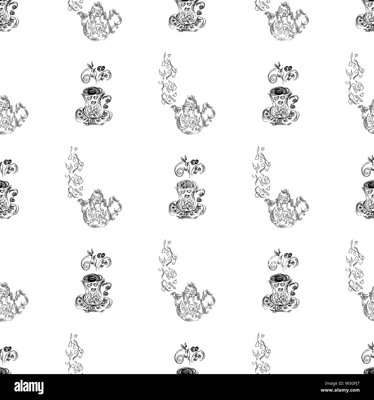 Seamless pattern of teapots and teacups isolated on white background ...