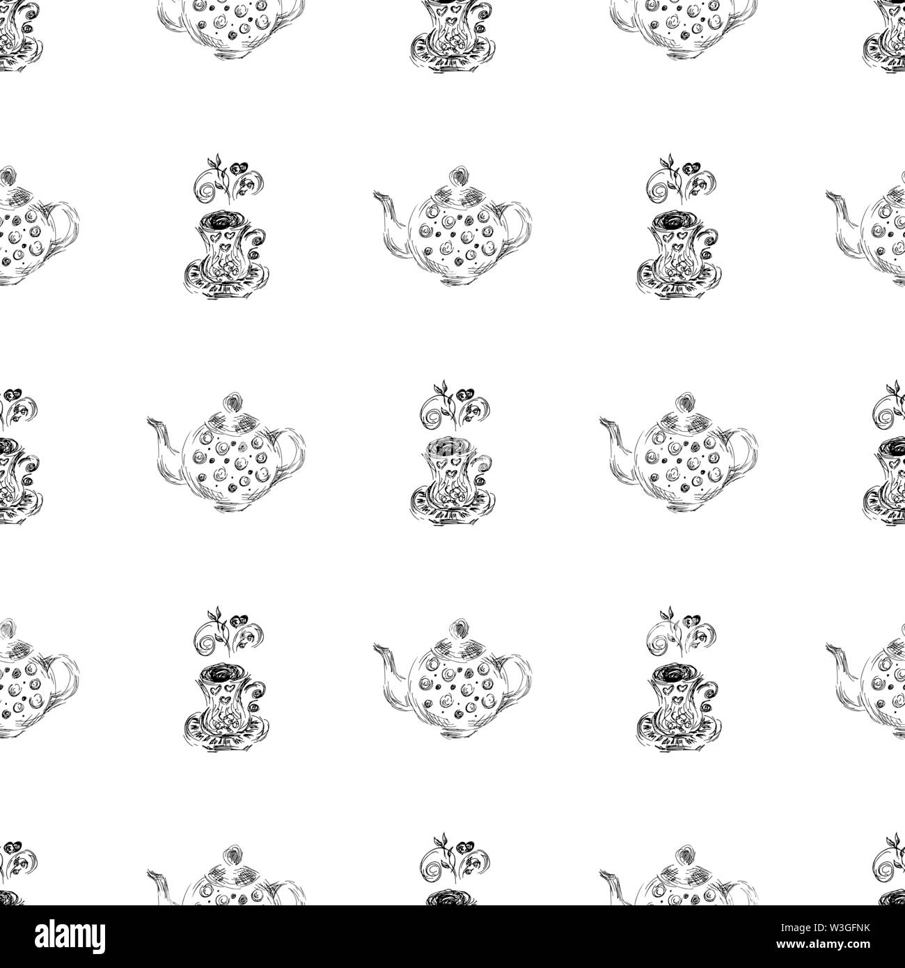 Seamless pattern of teapots and teacups isolated on white background ...