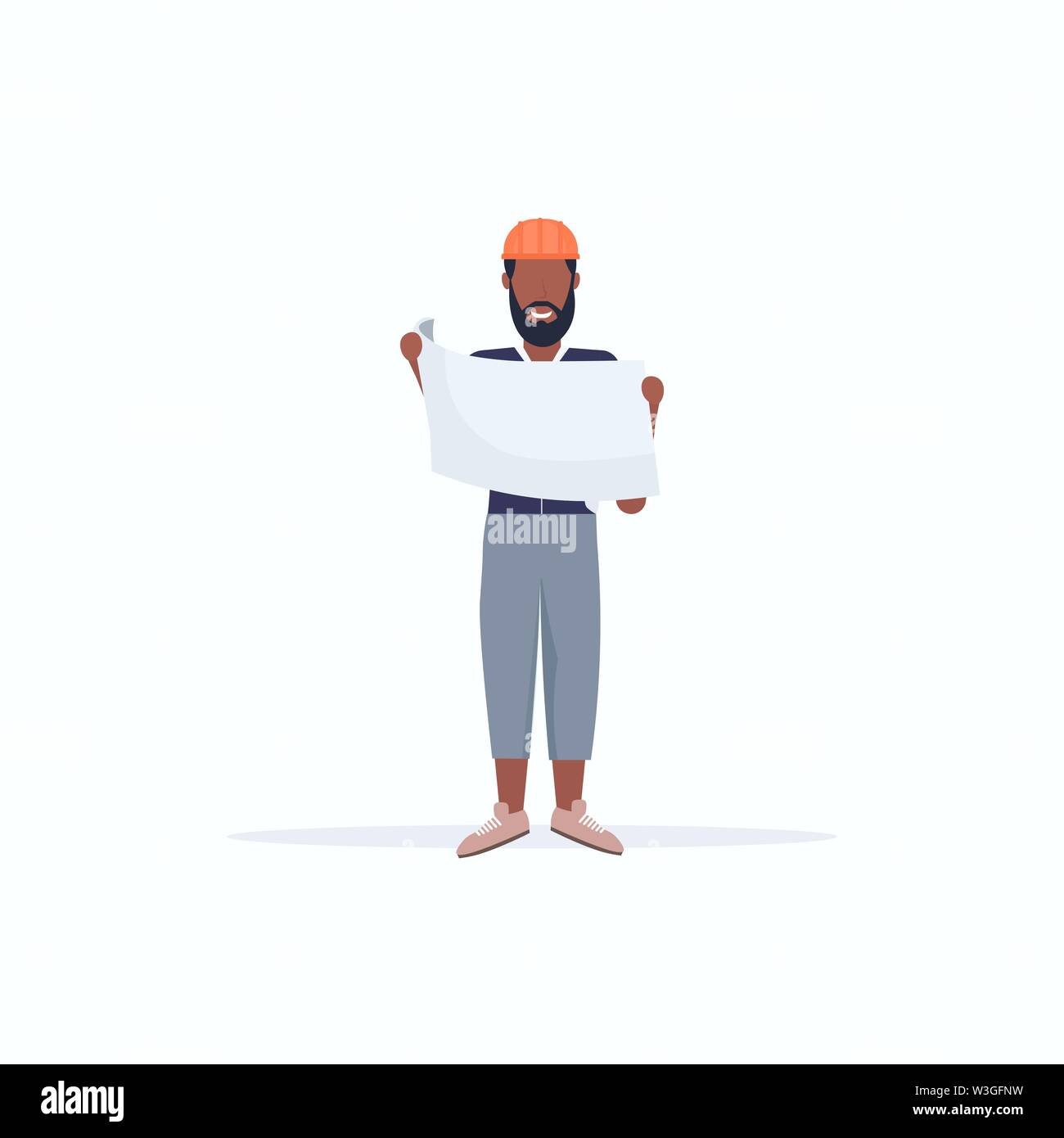 Man Architect Holding Blueprint African American Engineer In Helmet Looking At New Building Plan