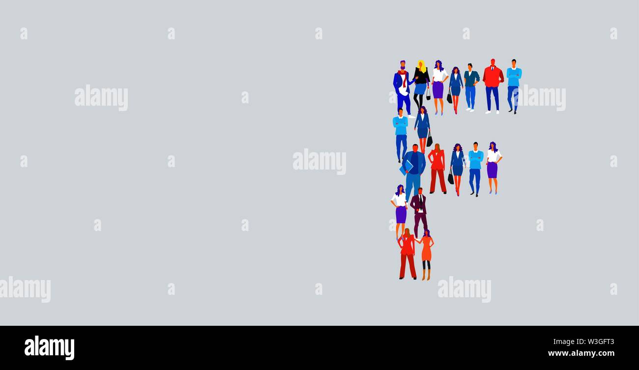 business people crowd forming shape letter F different men women ...