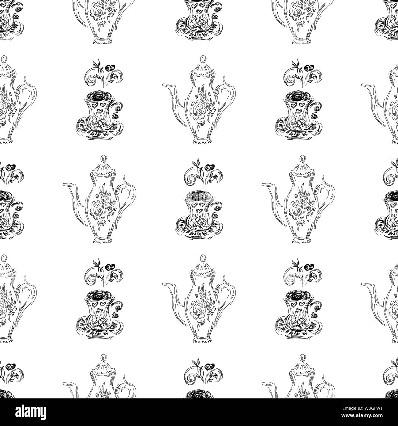 Seamless pattern of teapots and teacups isolated on white background ...