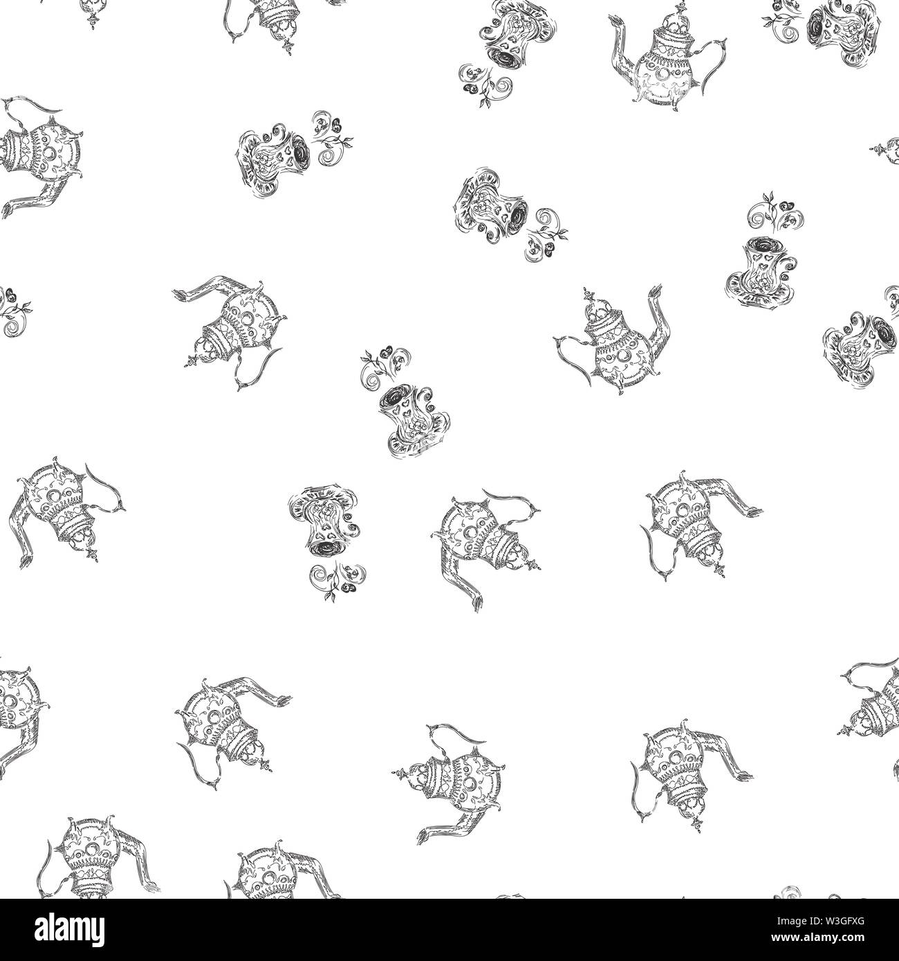 Seamless pattern of teapots and teacups isolated on white background ...