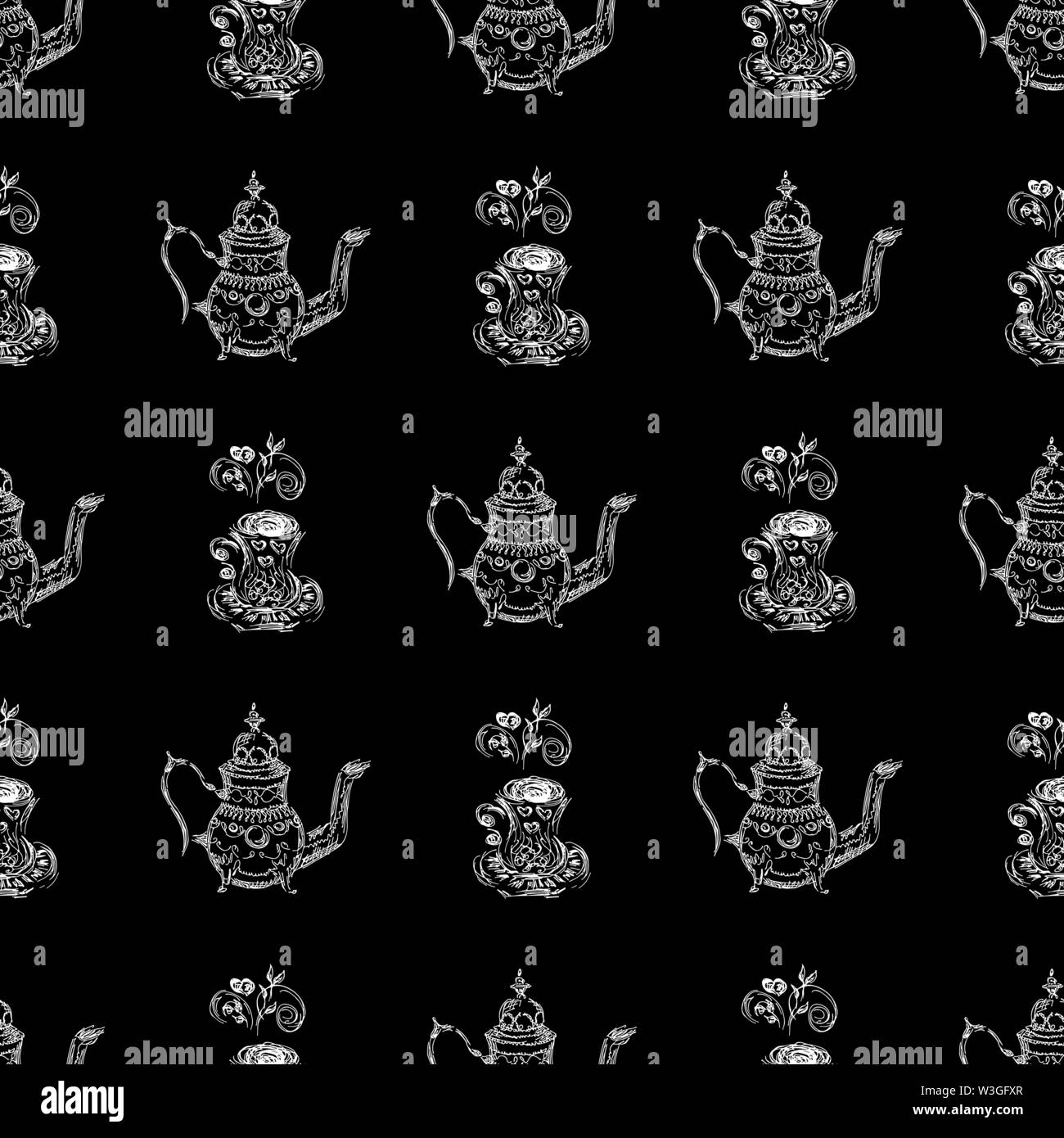 Seamless pattern of teapots and teacups isolated on black background ...