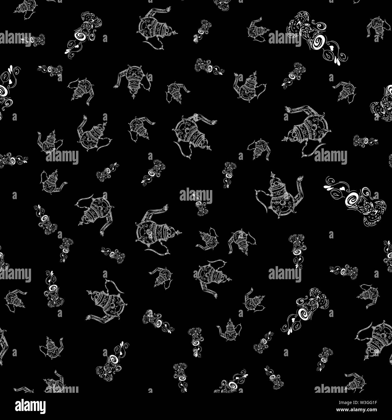 Seamless pattern of teapots and teacups isolated on black background ...