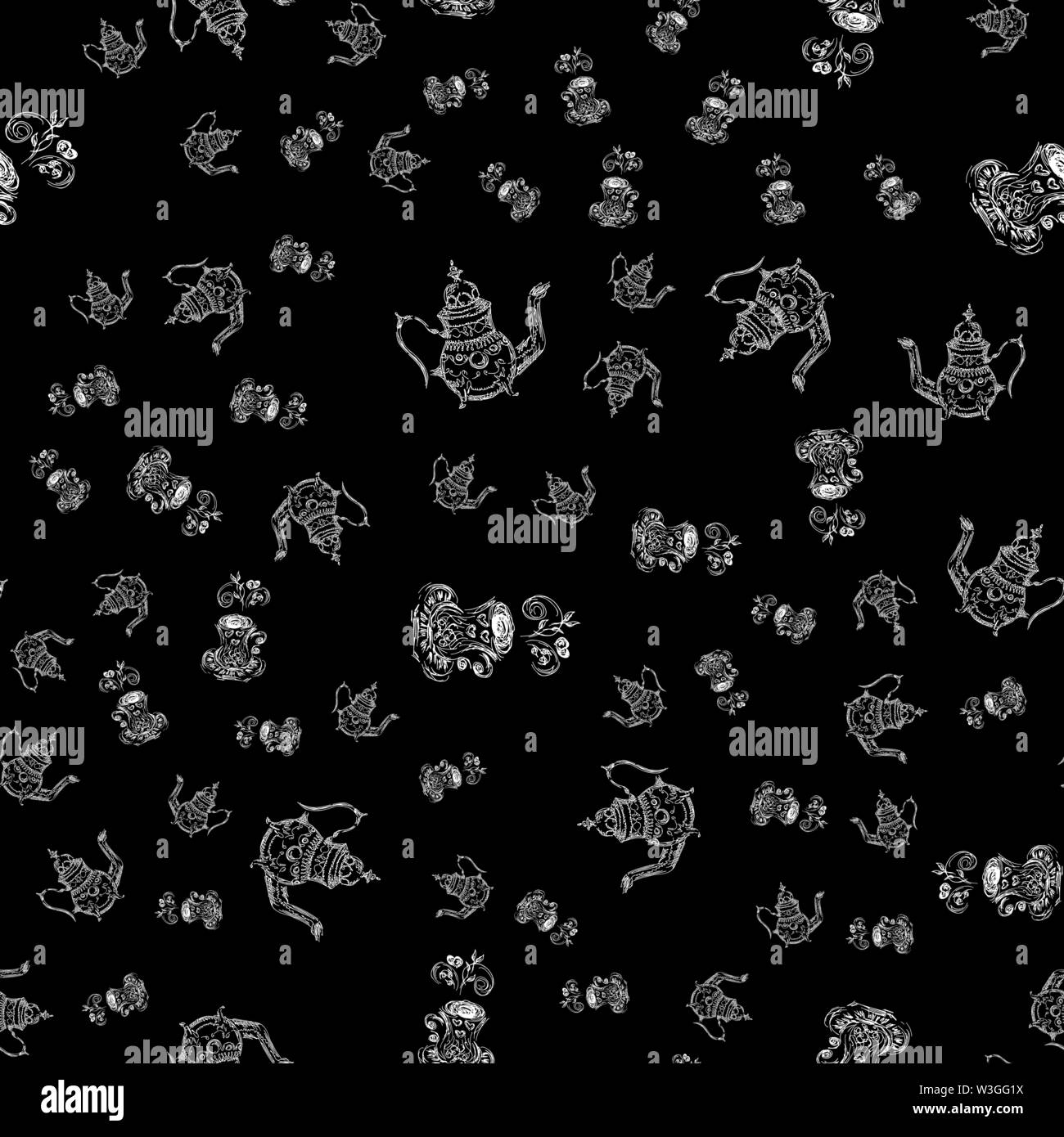 Seamless pattern of teapots and teacups isolated on black background ...