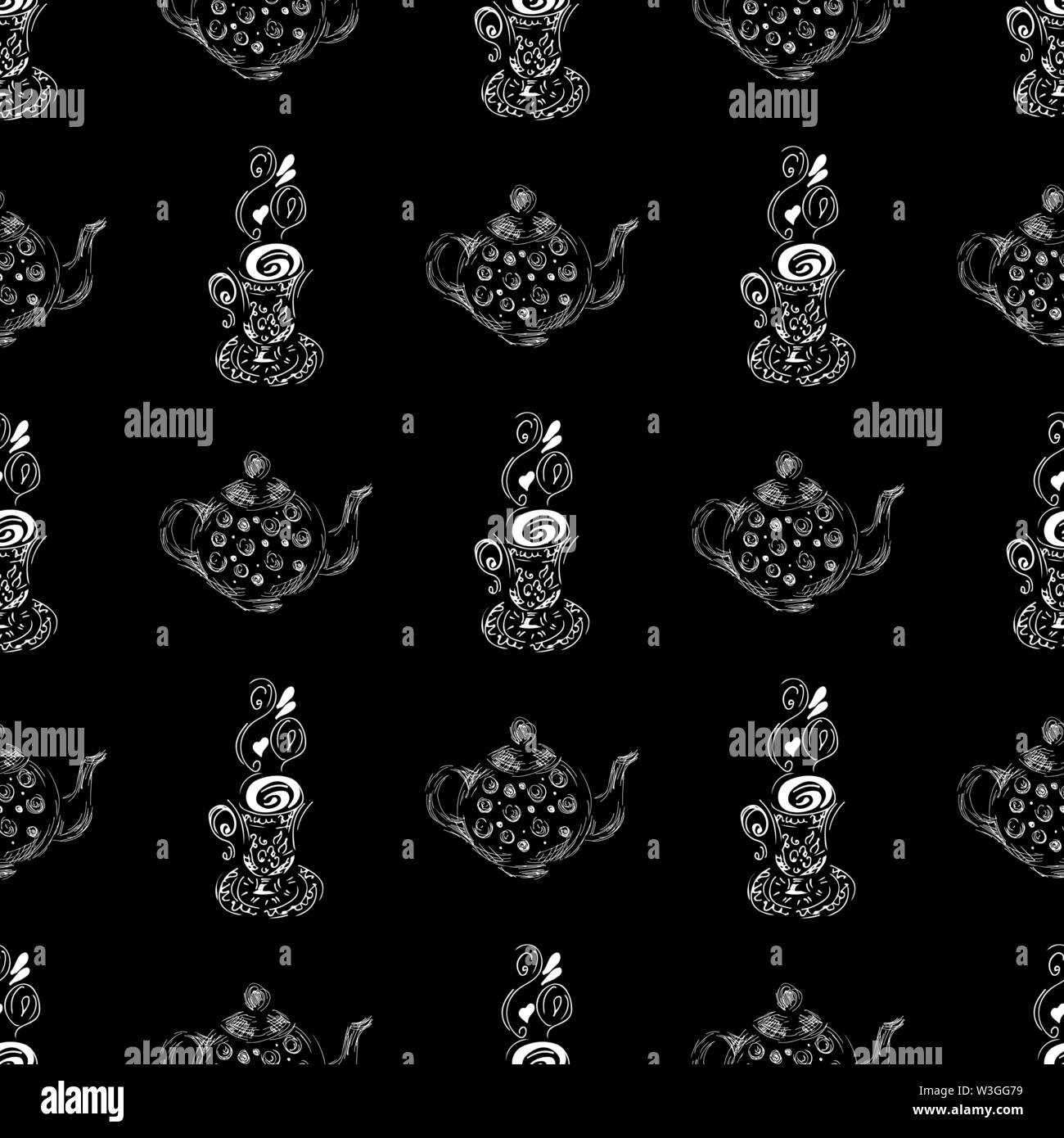 Seamless pattern of teapots and teacups isolated on black background ...