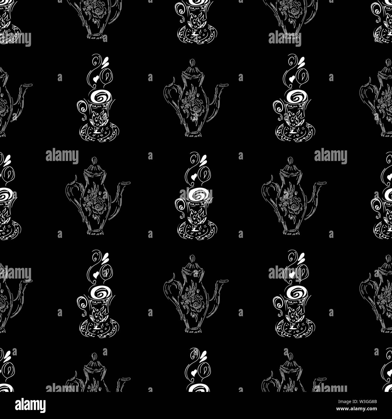 Seamless pattern of teapots and teacups isolated on black background ...