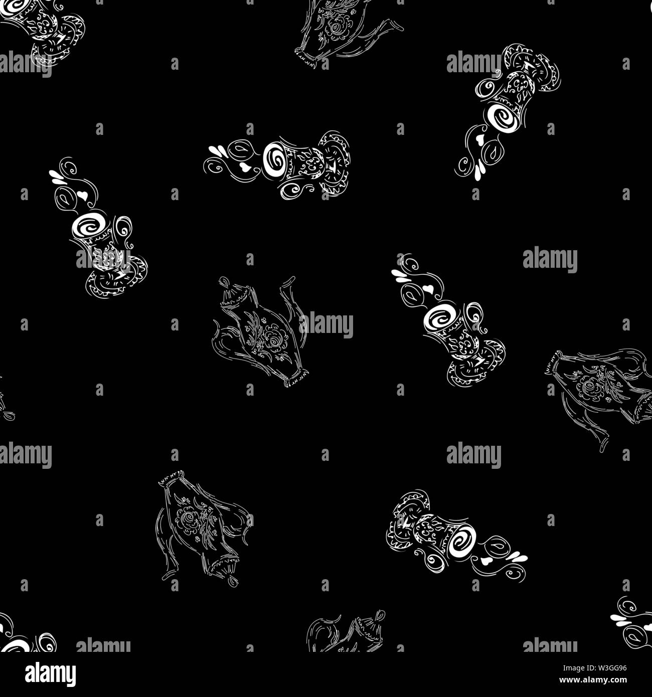 Seamless pattern of teapots and teacups isolated on black background ...