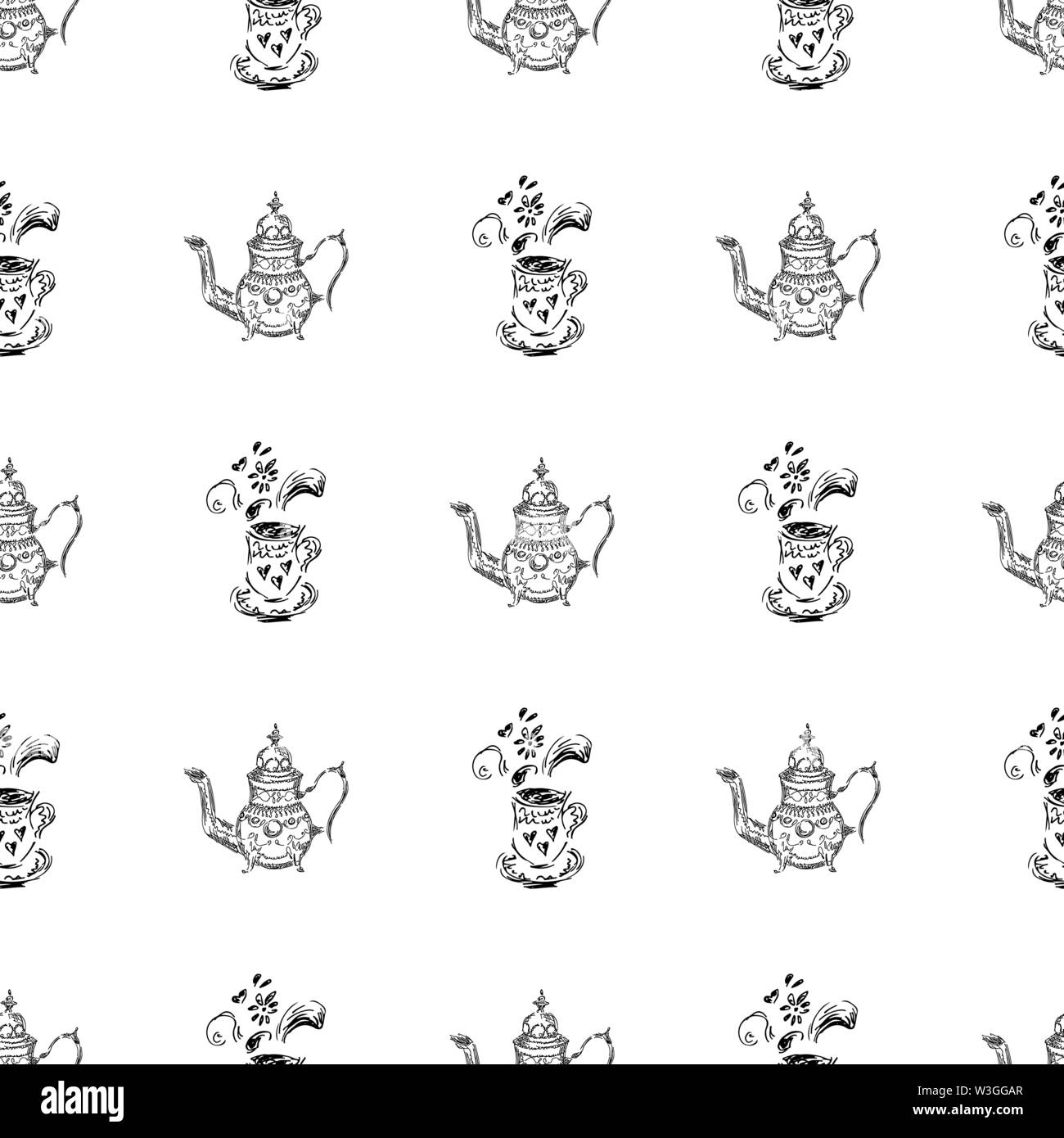 Seamless pattern of teapots and teacups isolated on white background ...