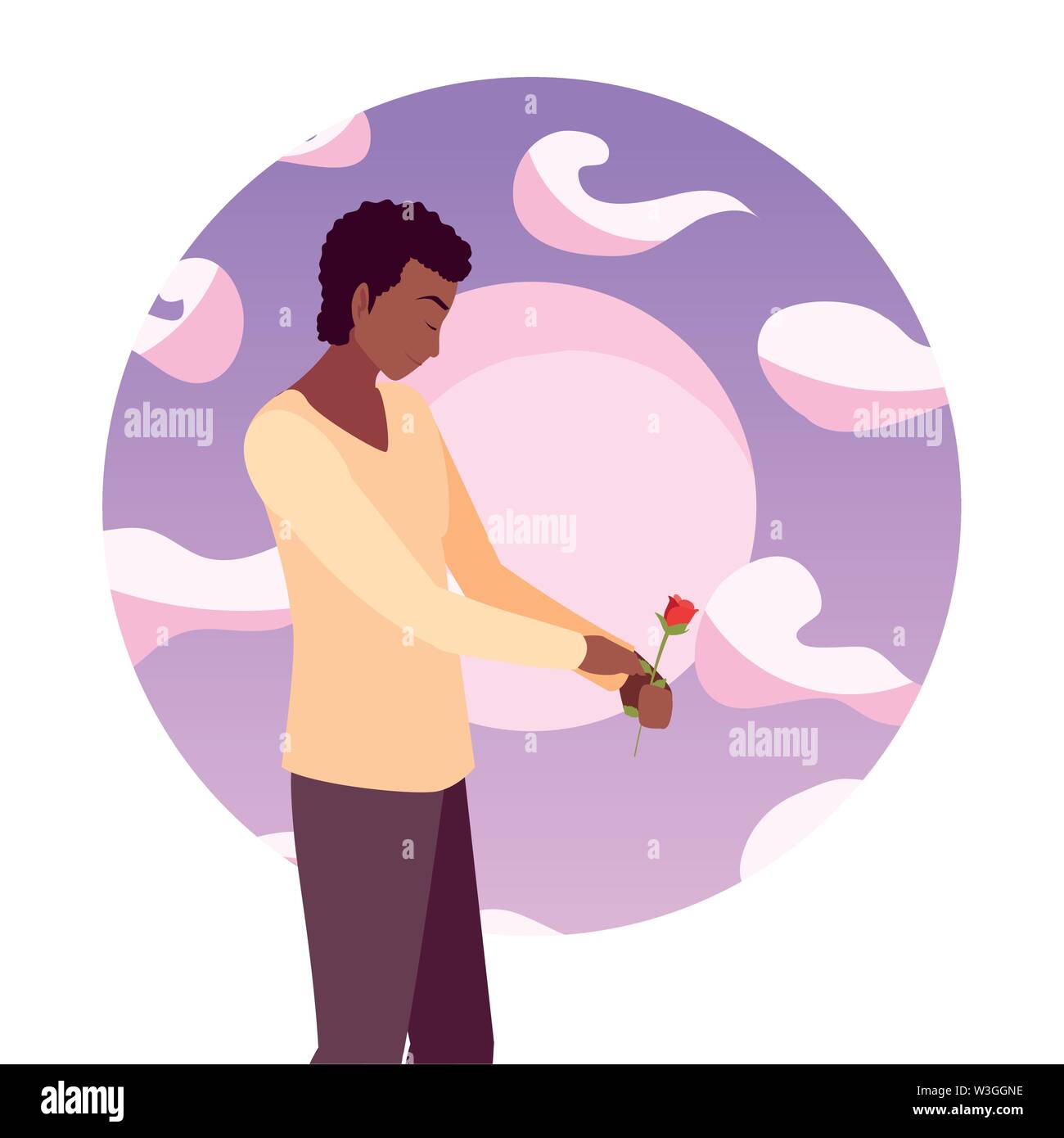 man holding flower rose romantic night landscape vector illustration ...