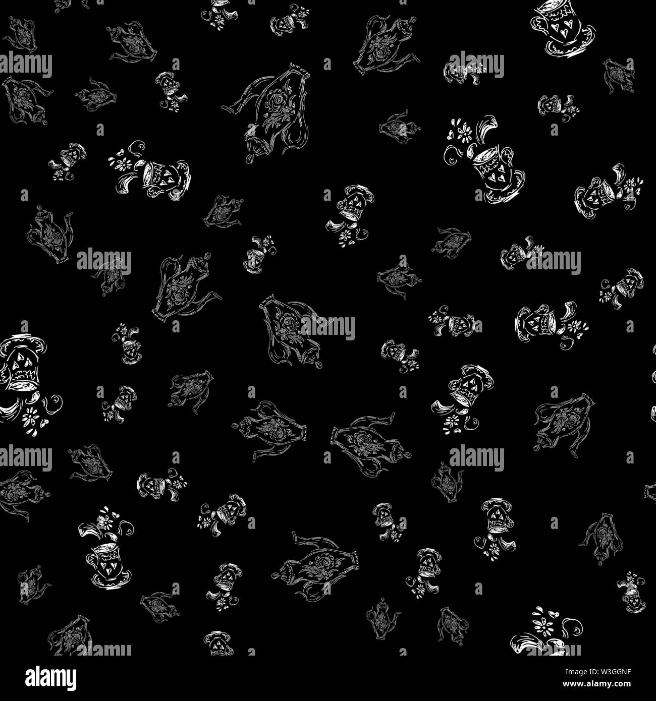 Seamless pattern of teapots and teacups isolated on black background ...