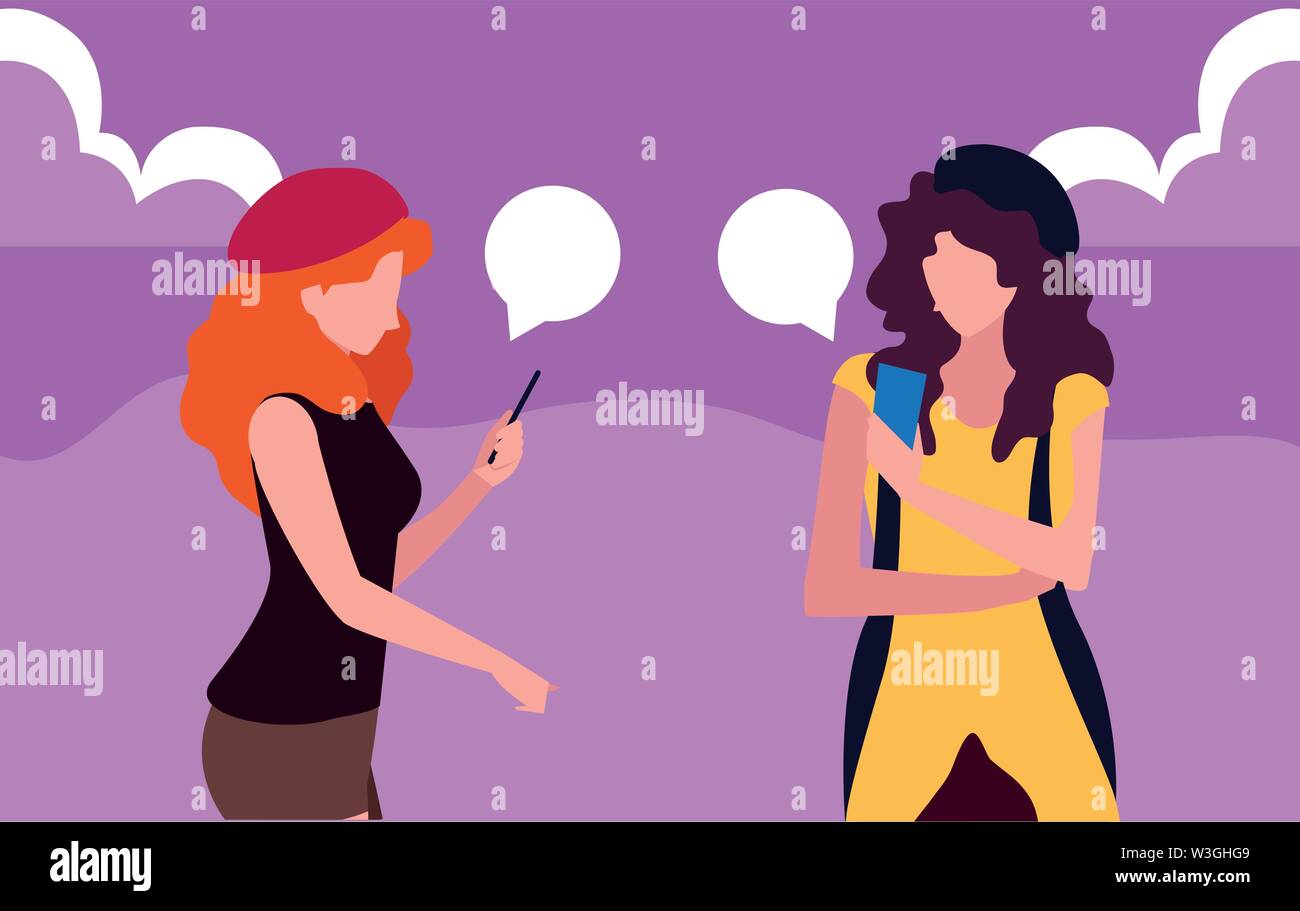 two women using smartphone talking vector illustration Stock Vector ...