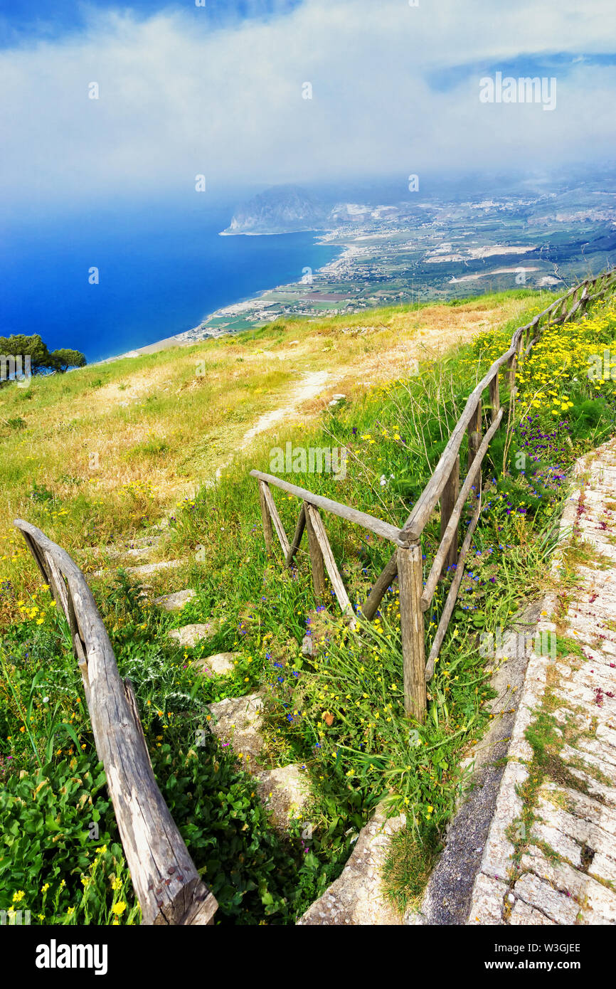 View of the Mediterranean sea from the Mount Erice in Sicily, Italy ...