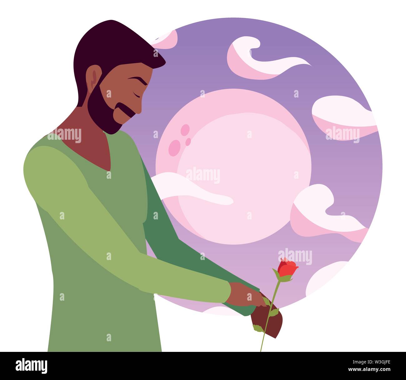man holding flower rose romantic night landscape vector illustration ...