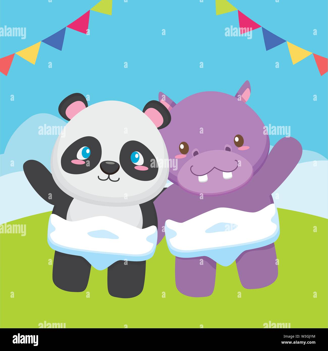 cute little bear panda and hippo on the field Stock Vector Image & Art ...