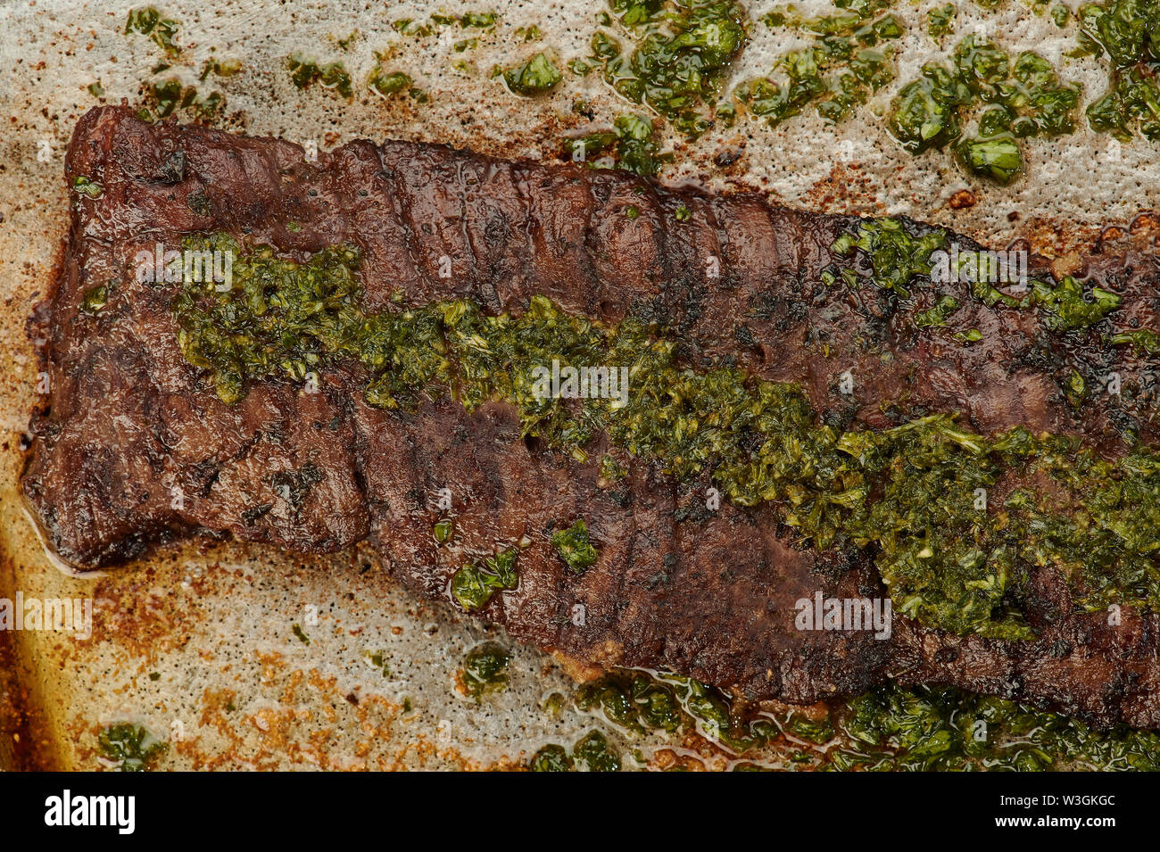 Bbq steak above top view on fry pan close up view Stock Photo - Alamy