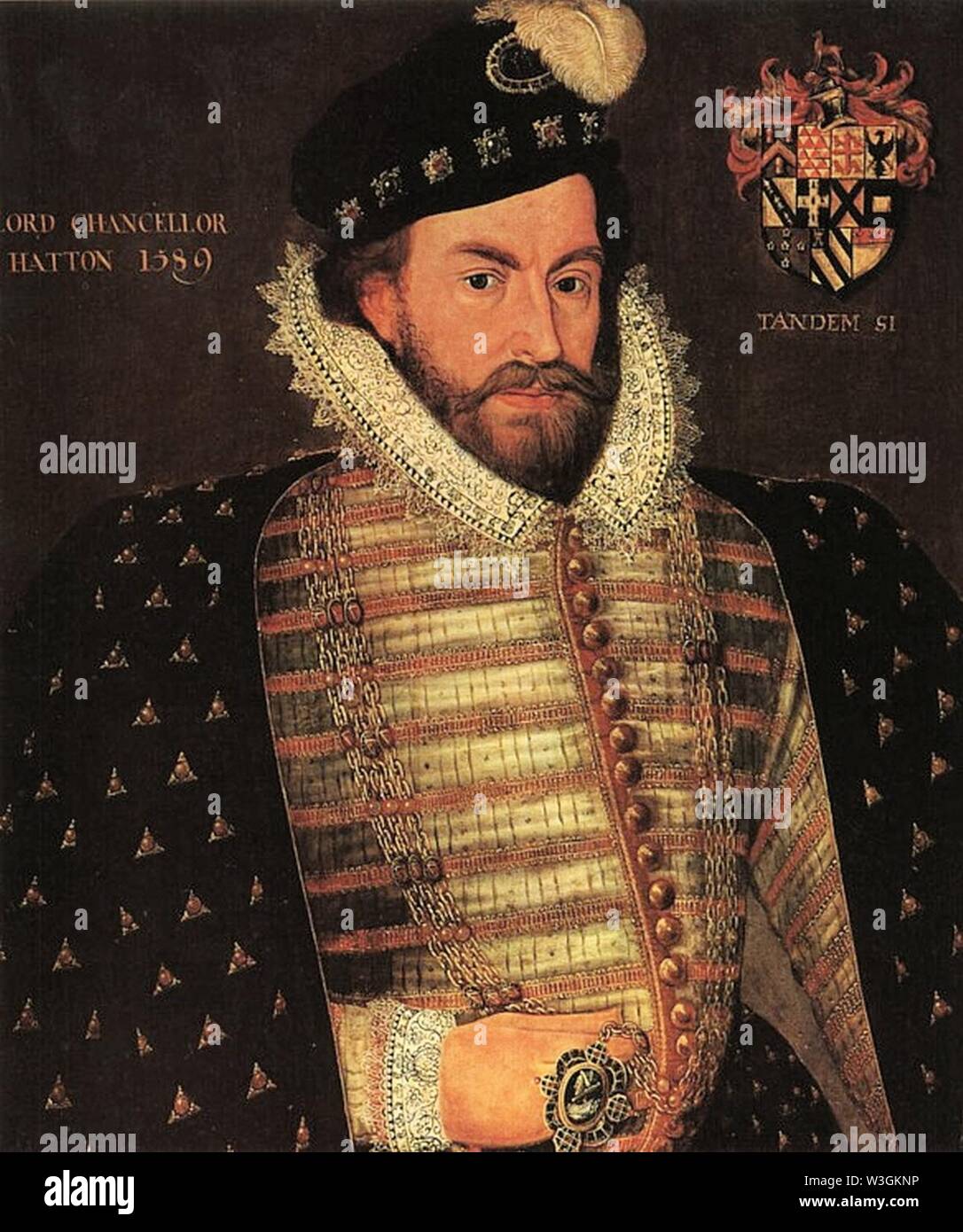 Christopher Hatton with arms dated 1589 Stock Photo - Alamy