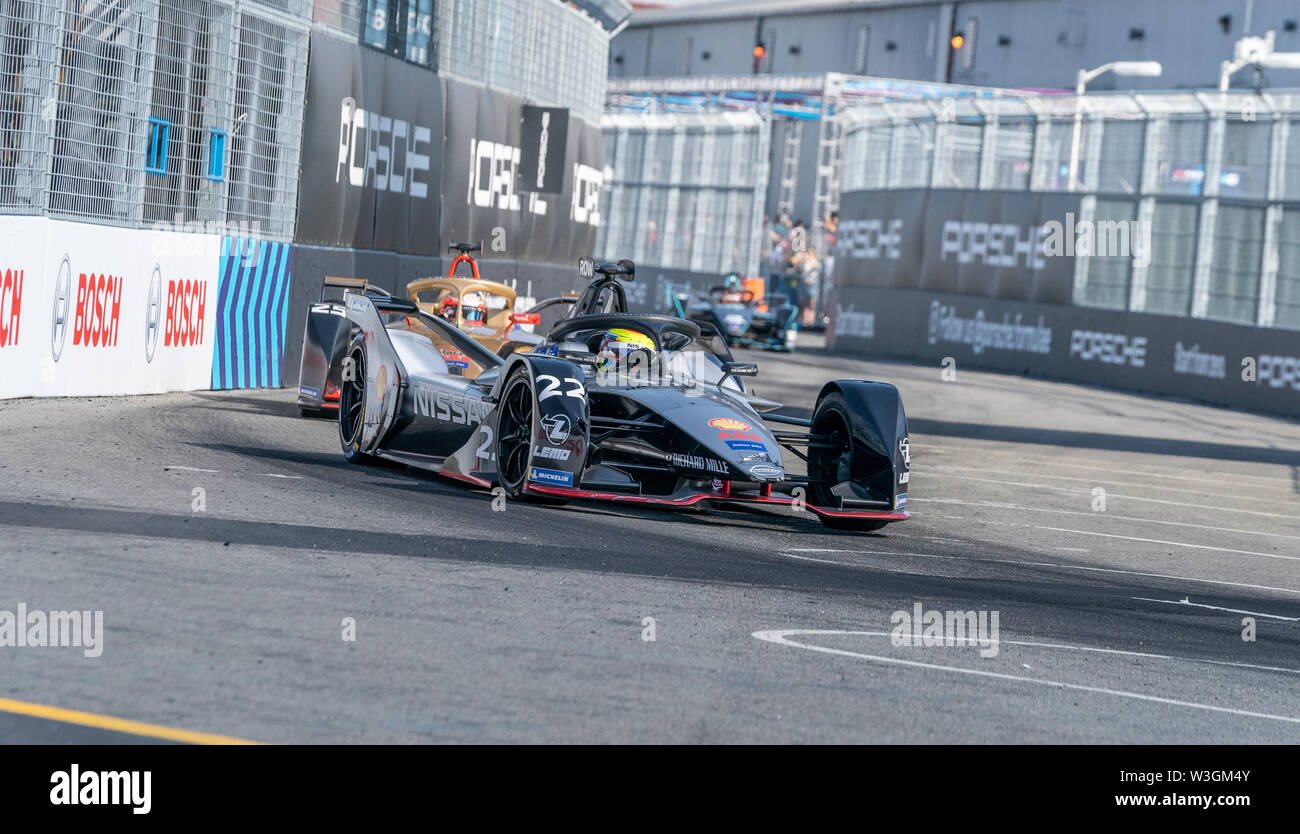 New York, NY - July 14, 2019: Oliver Rowland of Nissan team drives ...