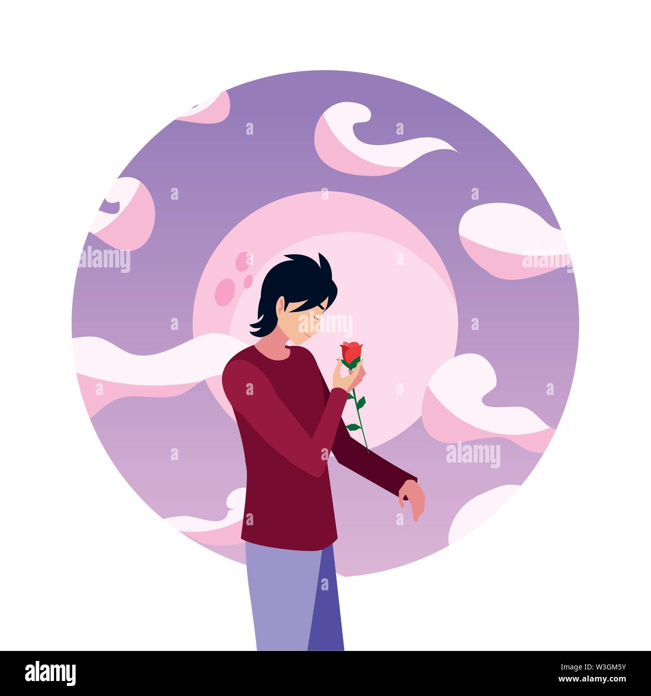 man holding flower rose romantic night landscape vector illustration ...