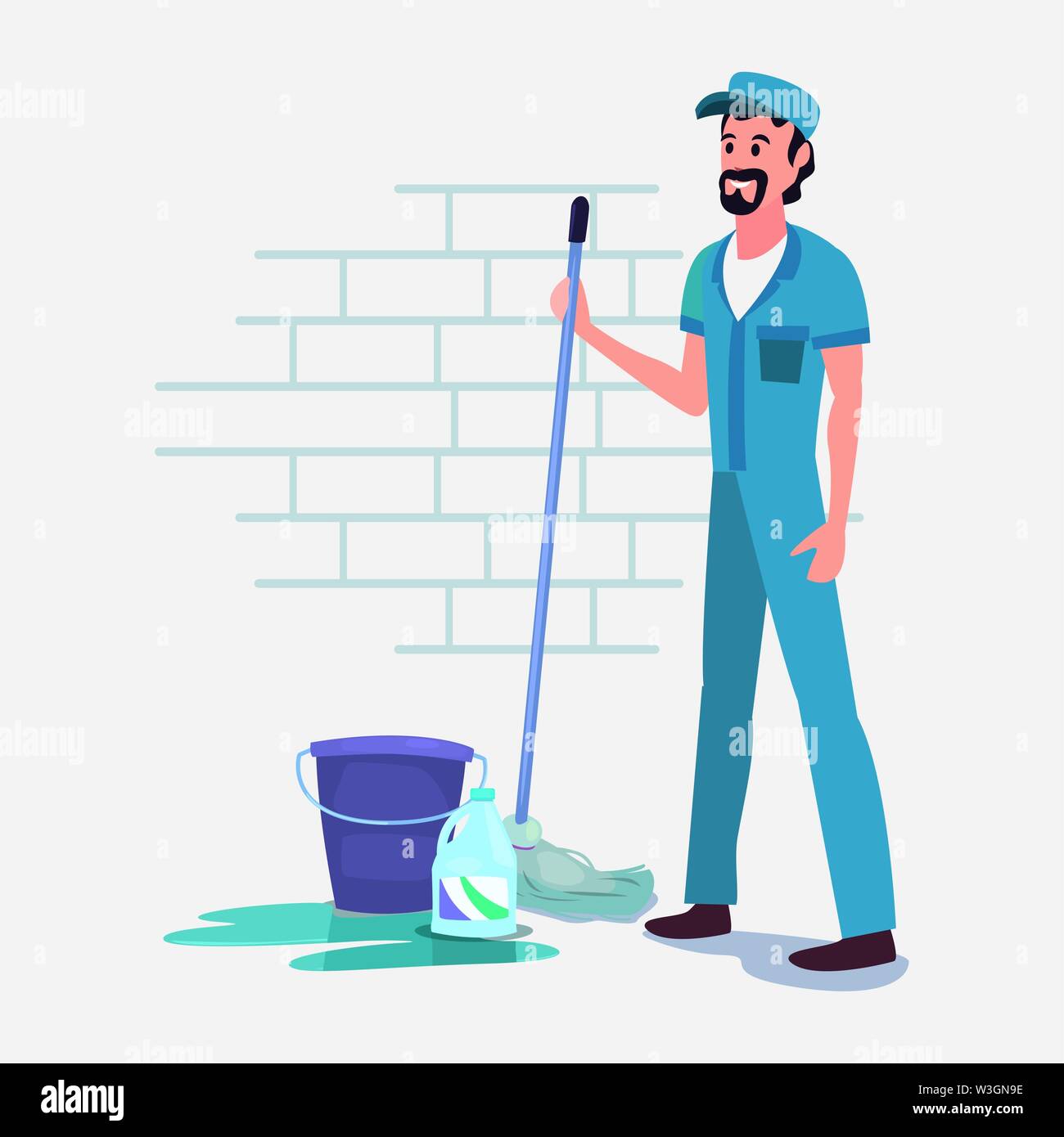 man with mop and bucket cleaning products and supplies vector ...