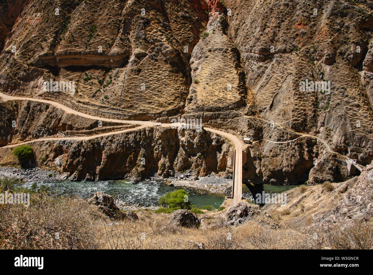 The Colca River running through the immense Colca Canyon, Peru Stock ...
