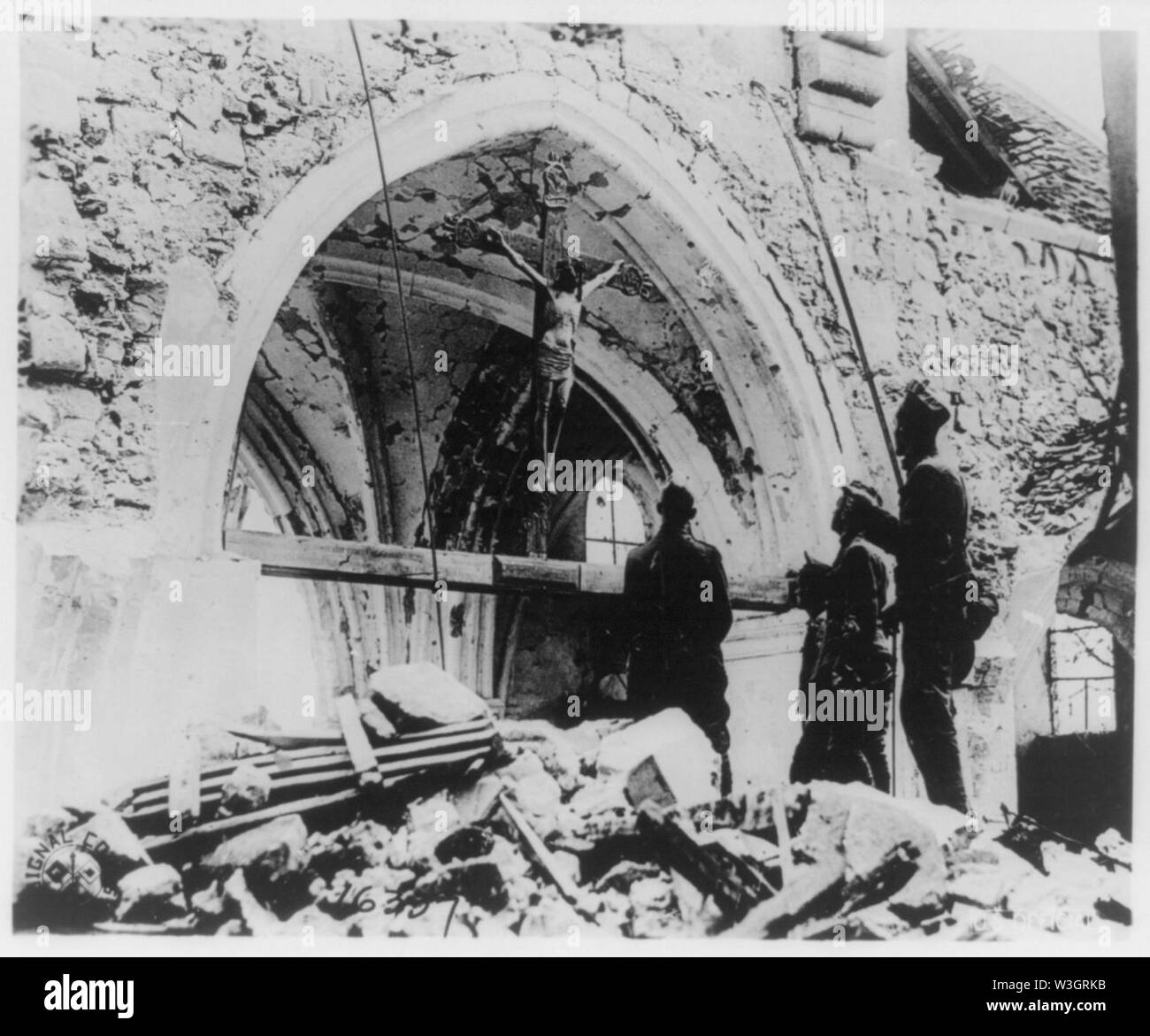 Church ruined by shell fire but crucifix untouched. Lucy, France Stock ...
