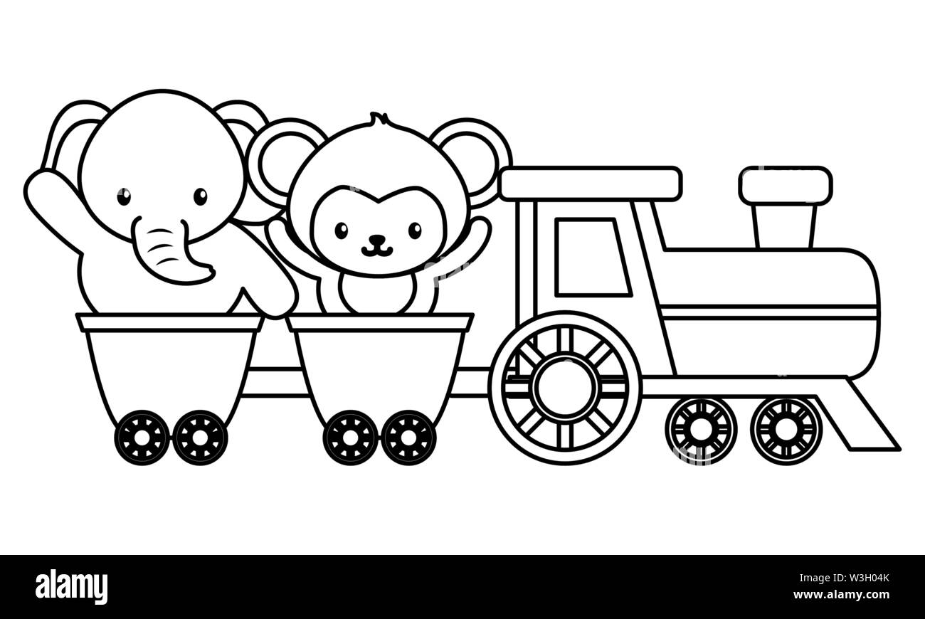 cute little monkey and elephant in train Stock Vector Image & Art - Alamy