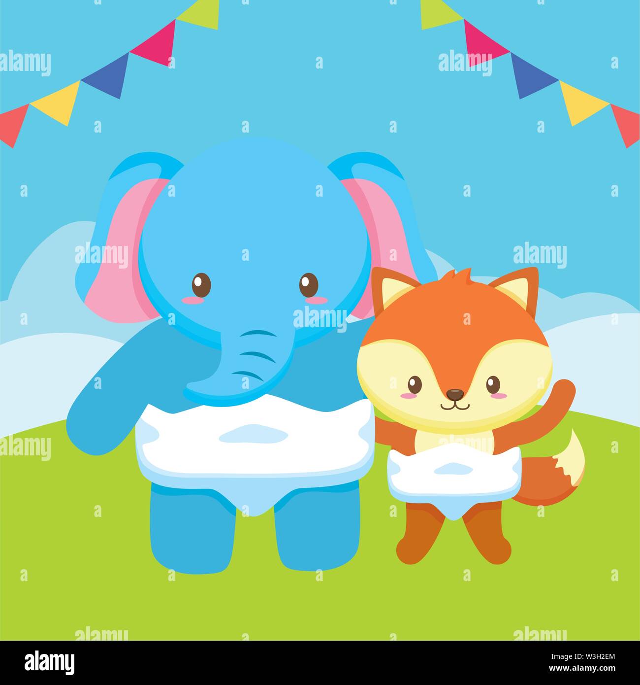 cute little elephant with fox babies characters Stock Vector Image ...