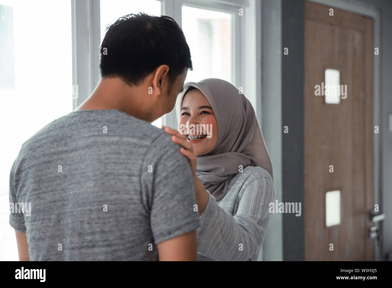 romantic muslim husband and wife face to face each other at home Stock ...