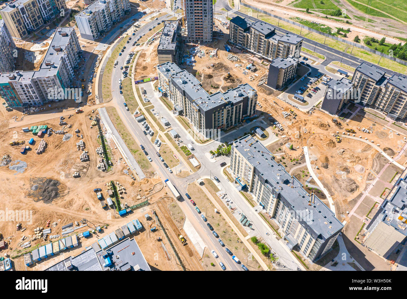 aerial panoramic view of city construction site. building of new ...