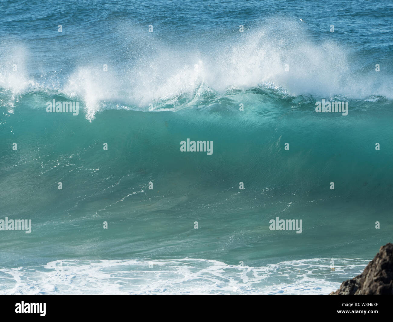 Closeup, naturally backlit glassy blue green wave breaking and rolling ...