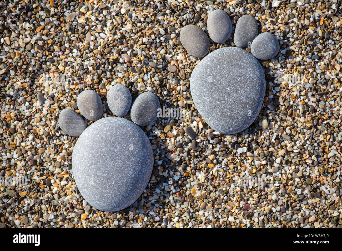Two tiny stone feet and toes on pebble stone background, stone in the ...