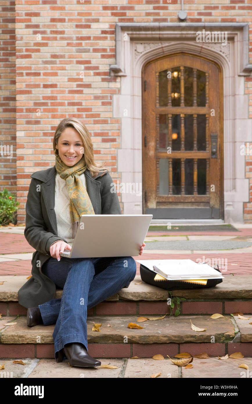 Beautiful, happy, smiling, female woman college university student ...