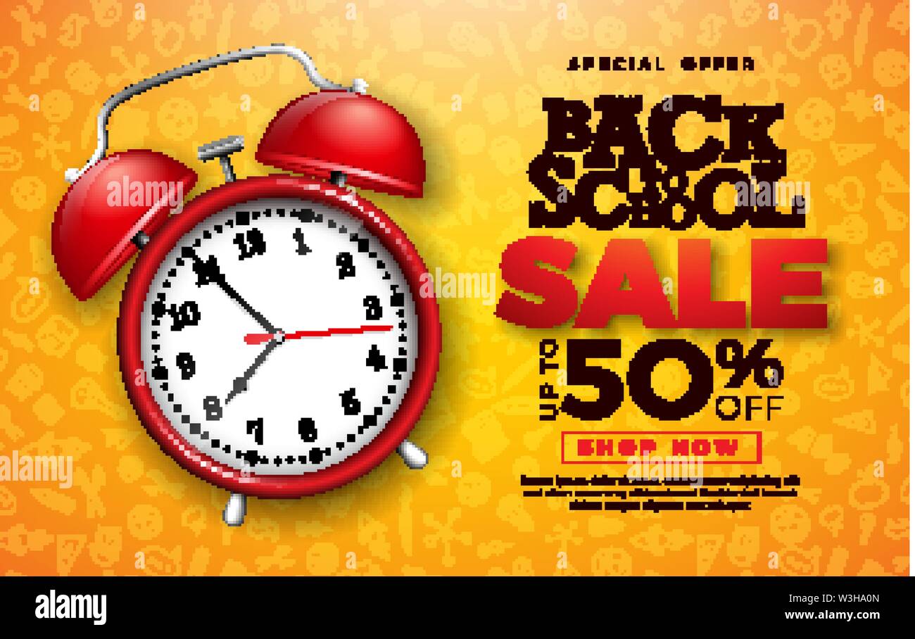 Back to School Sale Design with Red Alarm Clock and Typography Letter ...