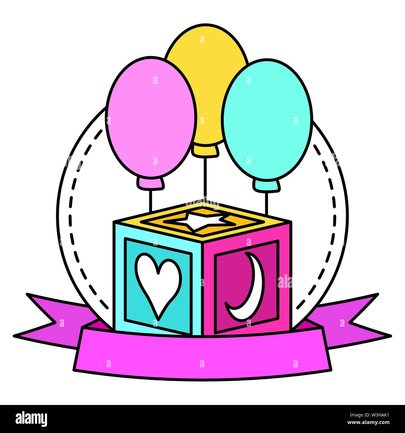 cube block with figures toy and balloons helium Stock Vector Image ...