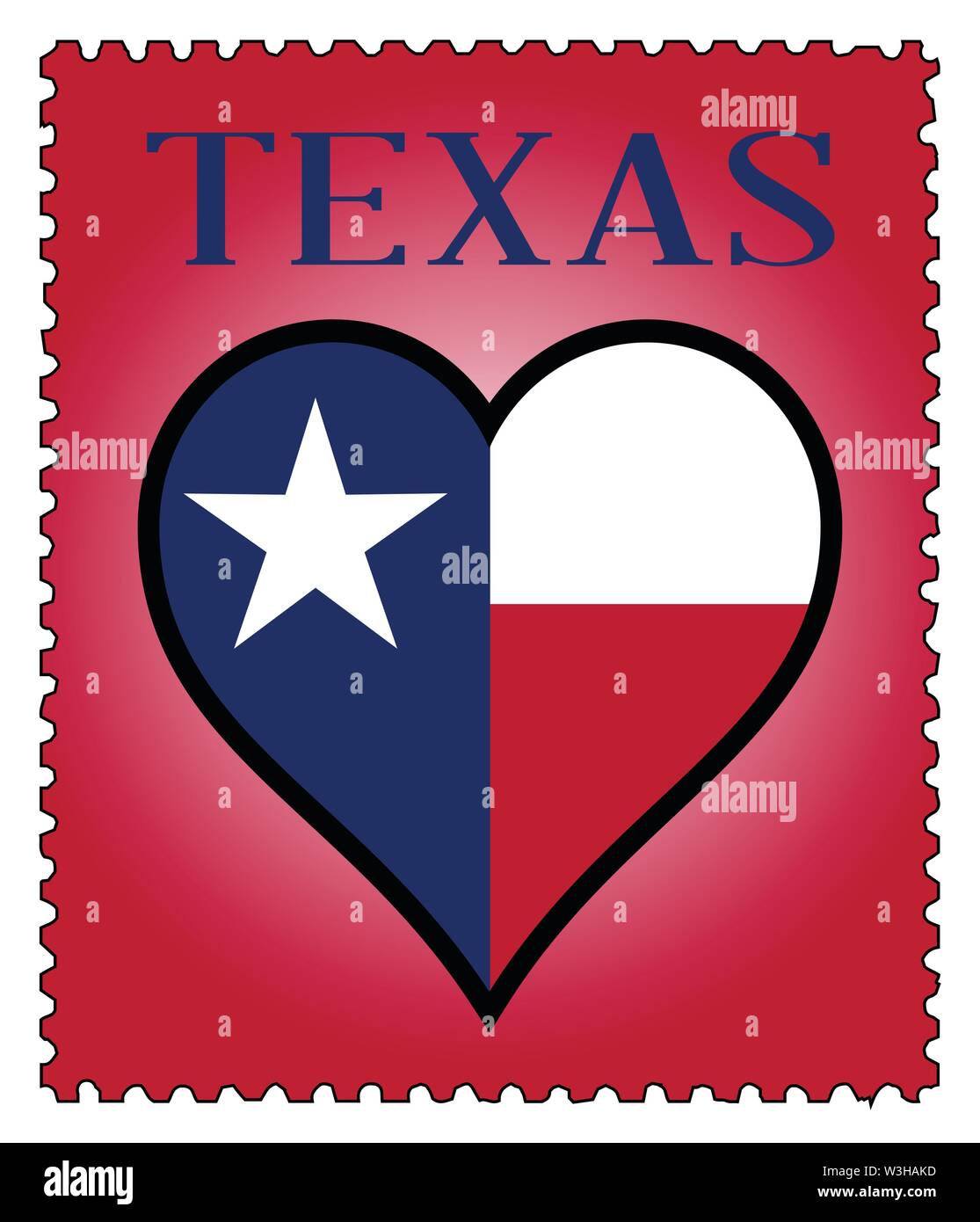 A postage stamp with a love Texas heart and flag over a white ...