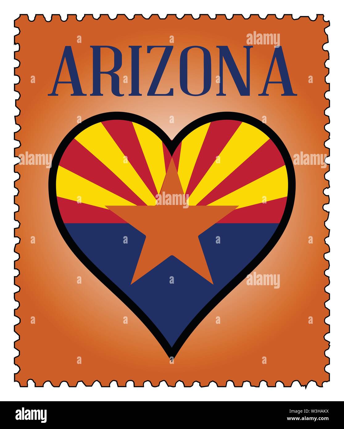 A postage stamp with a love Arizona heart and flag over a white ...