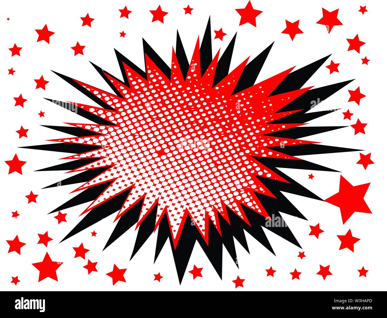 A cartoon style explosive motif with stars over a white background ...