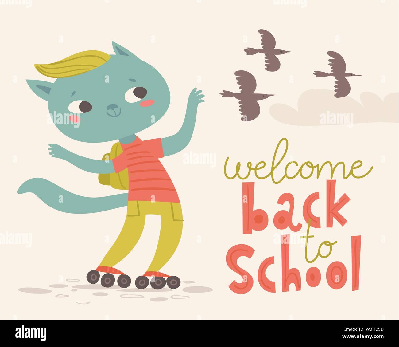 Welcome back to school poster with cartoon animals. Cat skating to ...