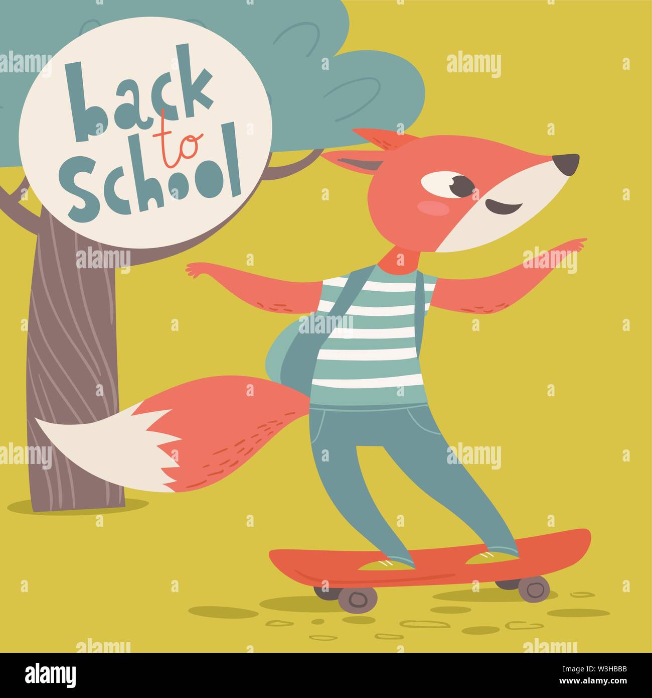 Welcome back to school poster with cartoon animals. Fox with skate ...