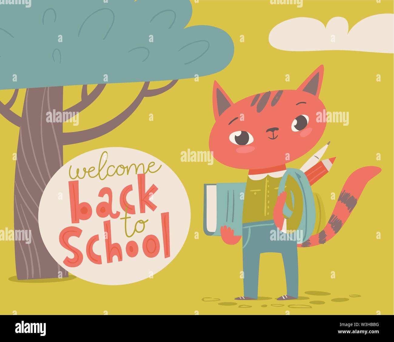 Welcome back to school poster with cartoon animals. Baby cat with a ...