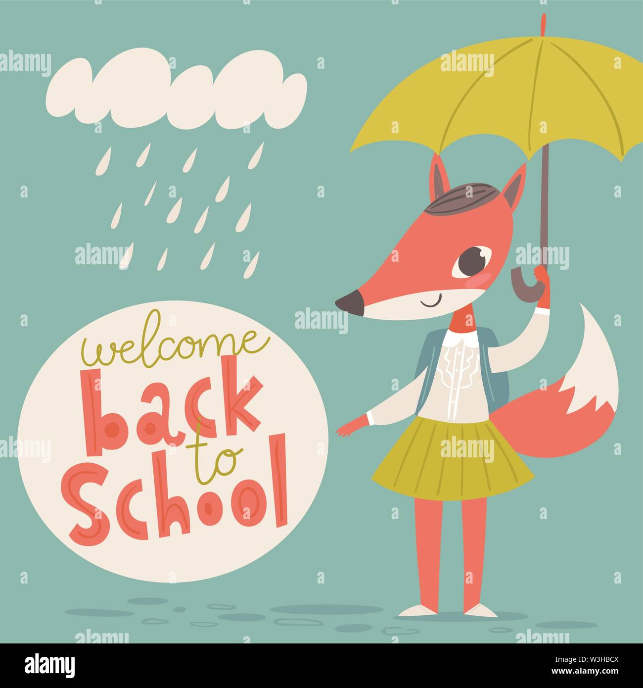 Welcome back to school poster with cartoon animals. Baby fox with an ...