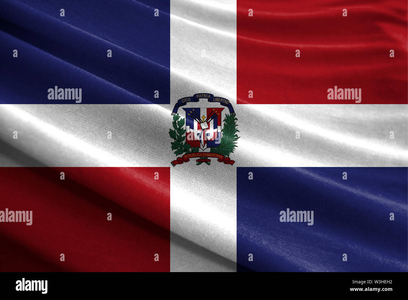Realistic flag of Dominican Republic on the wavy surface of fabric ...