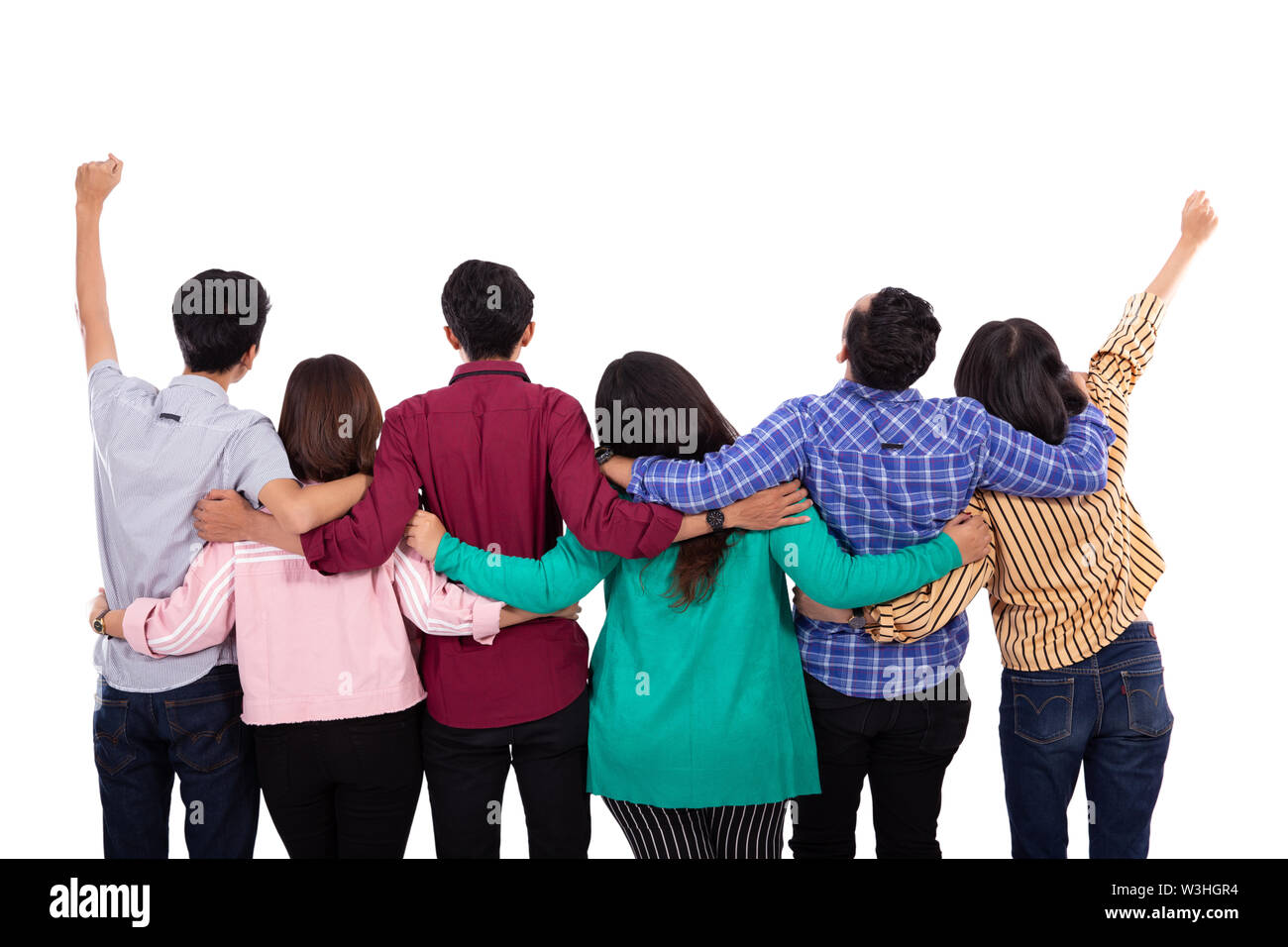 back view of friend holding hands and hug each other over white ...